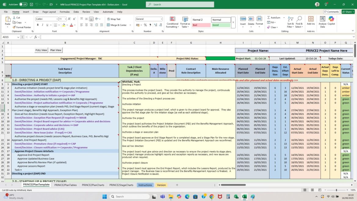 PRINCE2 7th Edition Planner MS Templates Download - Both Microsoft ...